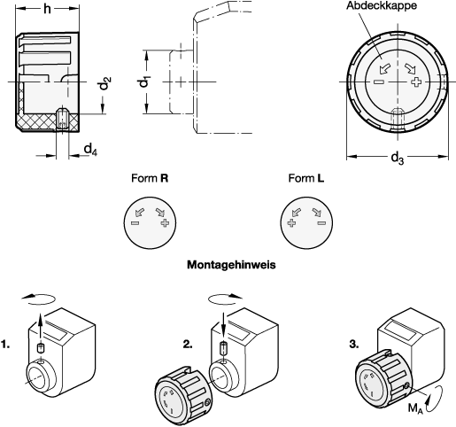 Ganter 957.1-20-L-DGR Drehknöpfe, Kunststoff, für Stellungsanzeiger, Hohlwellendurchmesser d1 ...